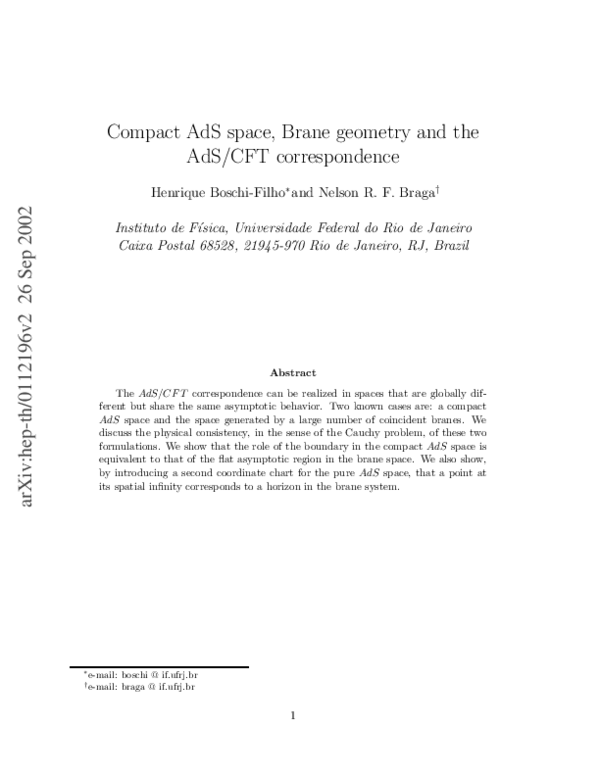 (PDF) Compact AdS space, brane geometry, and the AdS/CFT correspondence