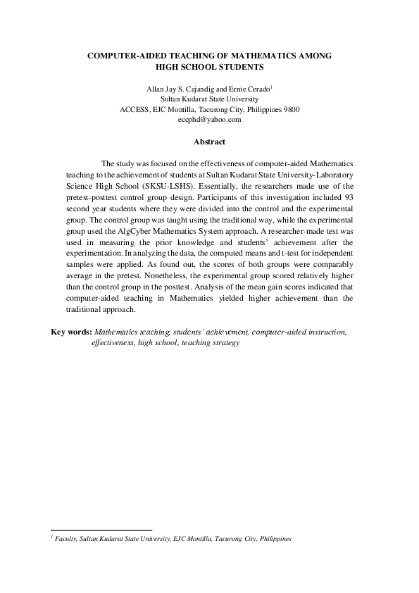 COMPUTER-AIDED TEACHING OF MATHEMATICS AMONG HIGH SCHOOL STUDENTS