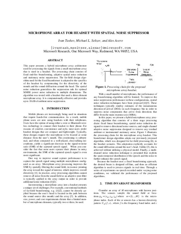 Pdf Microphone Array For Headset With Spatial Noise Suppressor