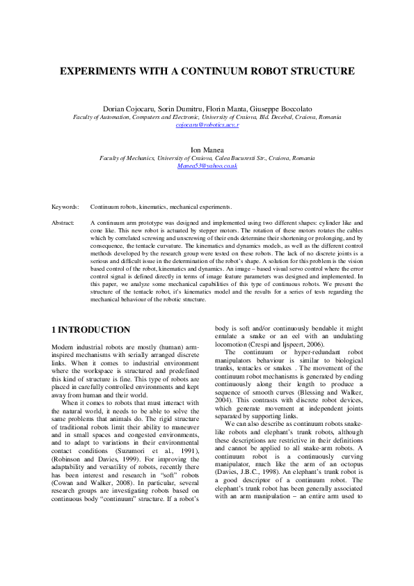 (PDF) Experiments with a Continuum Robot Structure