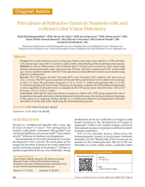 (PDF) Prevalence of refractive errors in students with and without ...