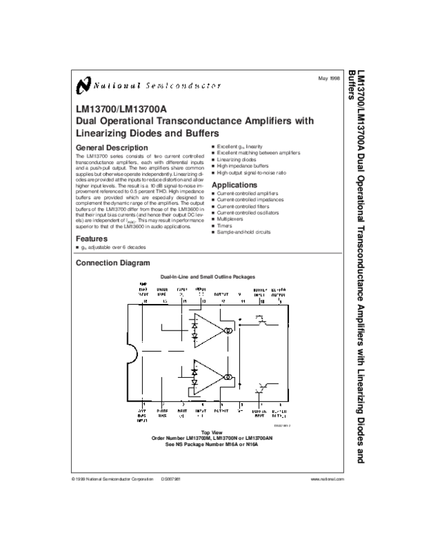(PDF) LM13700/LM13700A Dual Operational Transconductance Amplifiers ...