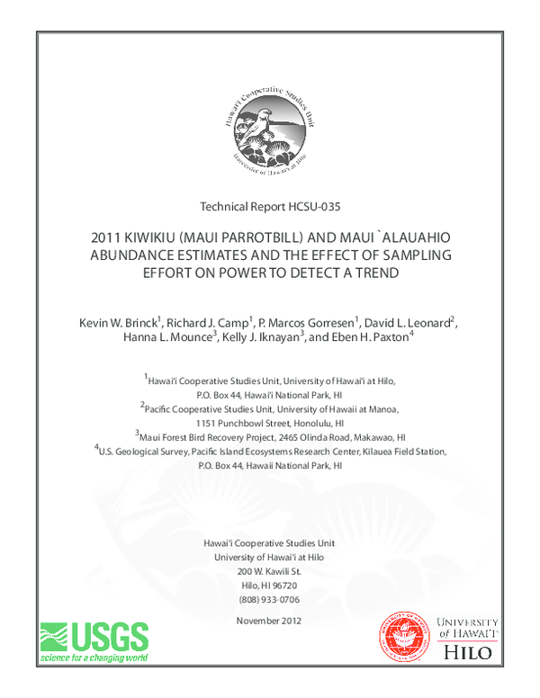 (PDF) 2011 Kiwikiu (Maui Parrotbill) and Mauì Alauahio abundance ...