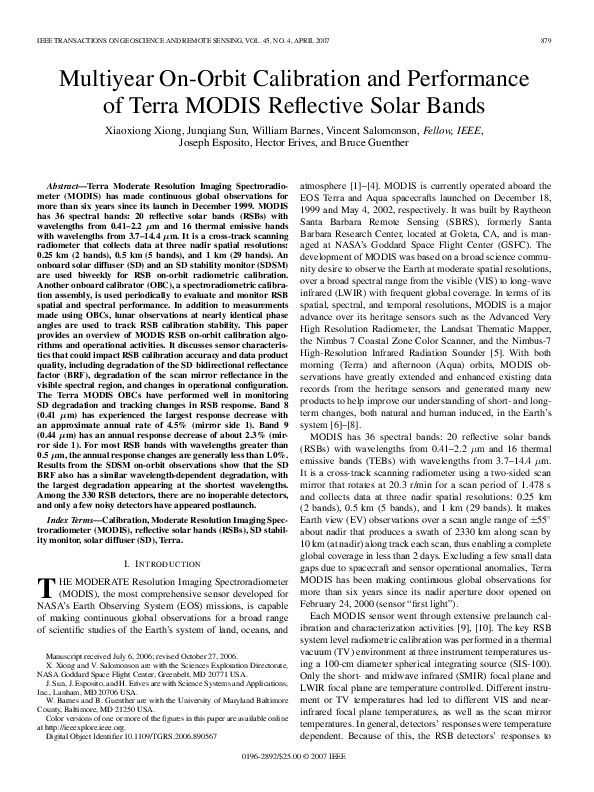 Pdf Multiyear On Orbit Calibration And Performance Of Terra Modis Reflective Solar Bands