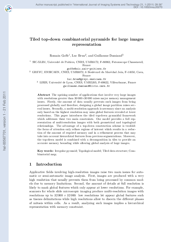 (PDF) Tiled top-down combinatorial pyramids for large images representation