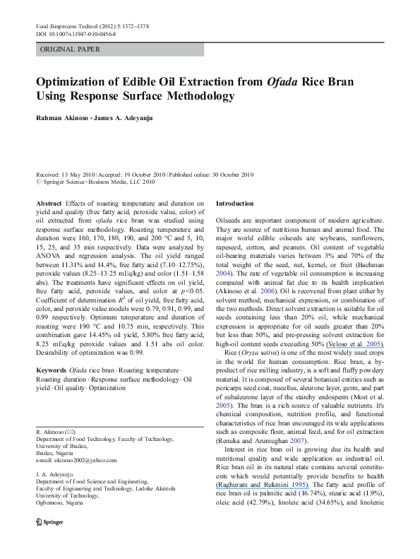 (PDF) Optimization of Edible Oil Extraction from Ofada Rice Bran Using Response Surface Methodology