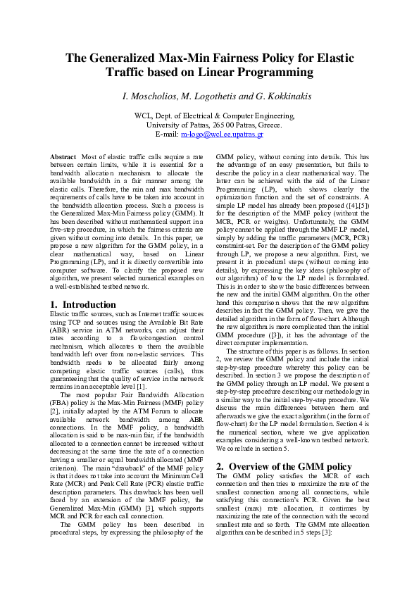 (PDF) The Generalized Max-Min Fairness Policy for Elastic Traffic based ...