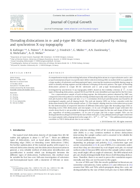 (PDF) Threading dislocations in n- and p-type 4H–SiC material analyzed ...