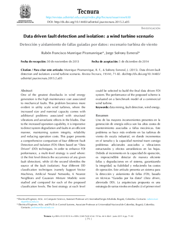Pdf Data Driven Fault Detection And Isolation A Wind Turbine Scenario Revista Tecnura