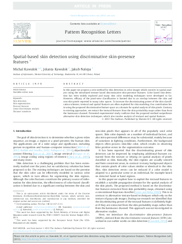 (PDF) Spatial-based skin detection using discriminative skin-presence features