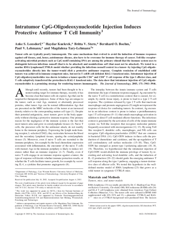 (PDF) Intratumor CpG-Oligodeoxynucleotide Injection Induces Protective ...
