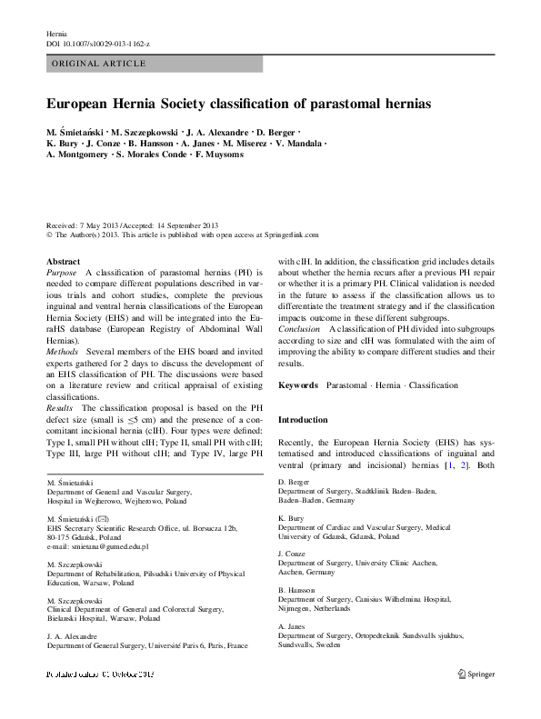 (PDF) European Hernia Society classification of parastomal hernias
