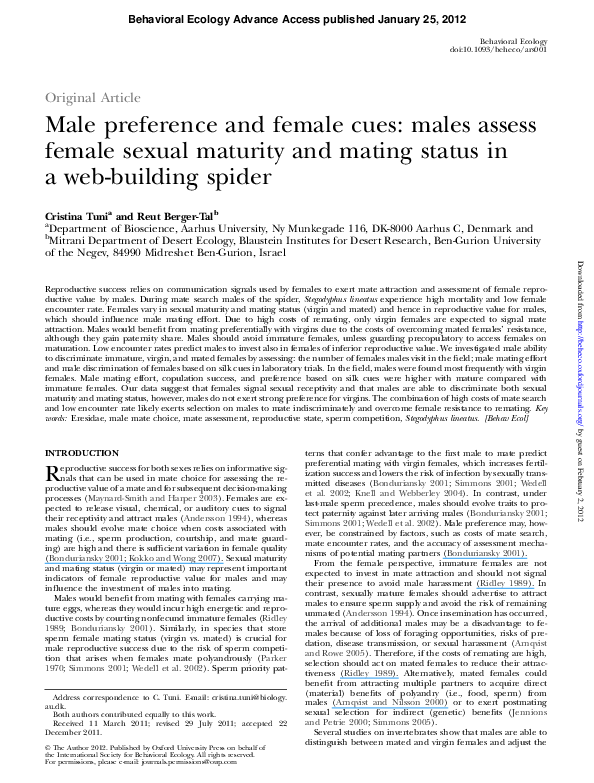 (PDF) Male preference and female cues: males assess female sexual ...
