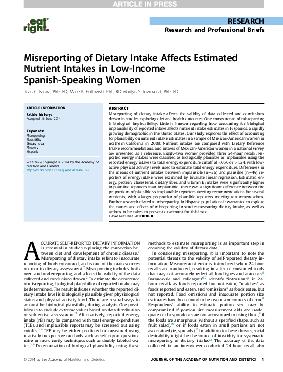 (PDF) Misreporting of Dietary Intake Affects Estimated Nutrient Intakes ...
