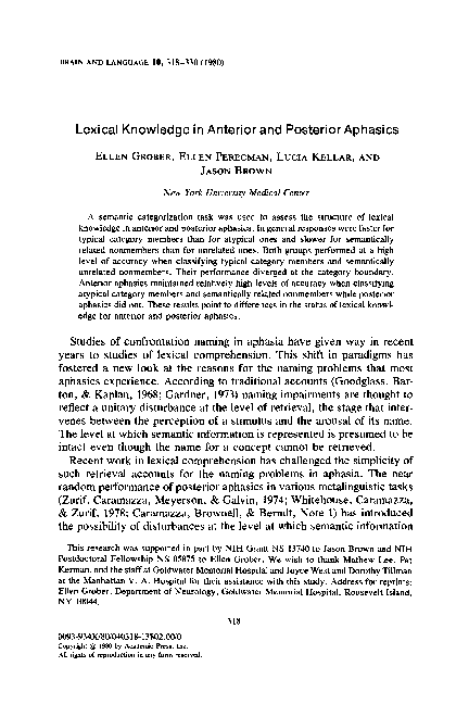 (PDF) Lexical knowledge in anterior and posterior aphasics