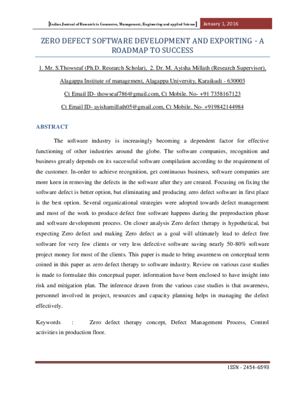 (PDF) ZERO DEFECT SOFTWARE DEVELOPMENT AND EXPORTING -A ROADMAP TO SUCCESS