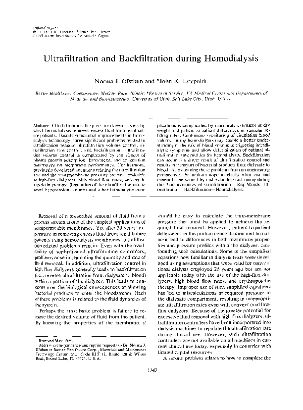 (PDF) Ultrafiltration and Backfiltration during Hemodialysis