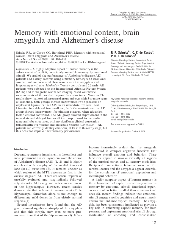 (PDF) Memory with emotional content, brain amygdala and Alzheimer’s disease