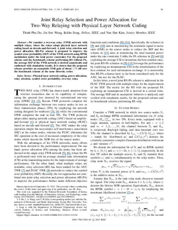 Pdf Joint Relay Selection And Power Allocation For Two Way Relaying With Physical Layer