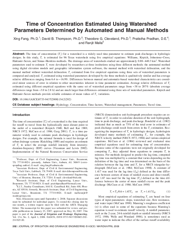(PDF) Time of Concentration Estimated Using Watershed Parameters ...