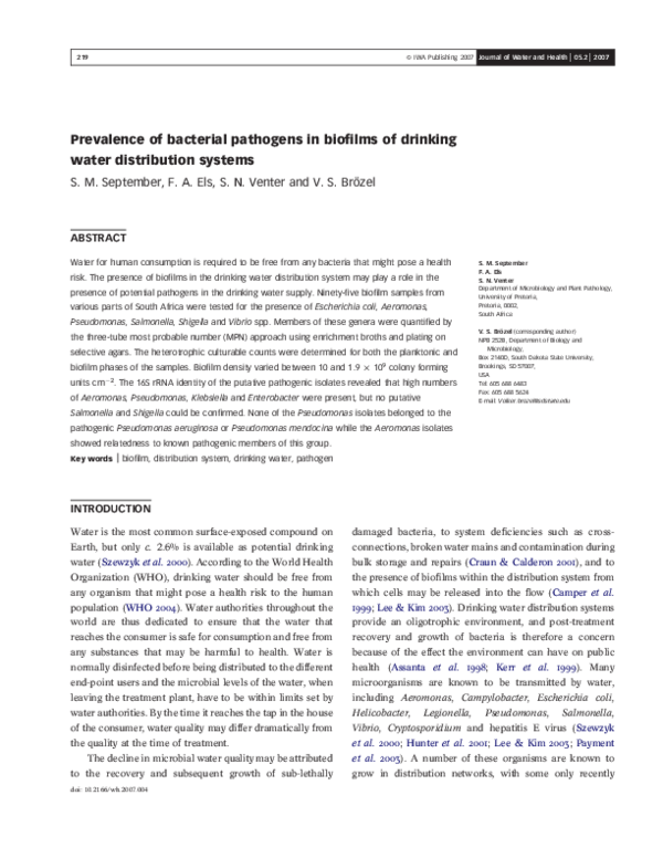 (PDF) Prevalence of bacterial pathogens in biofilms of drinking water ...