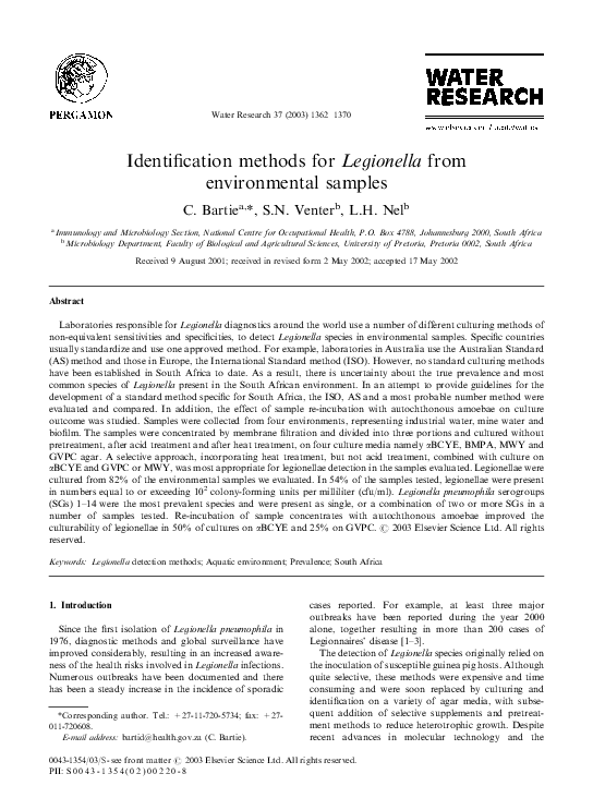 (PDF) Identification methods for Legionella from environmental samples