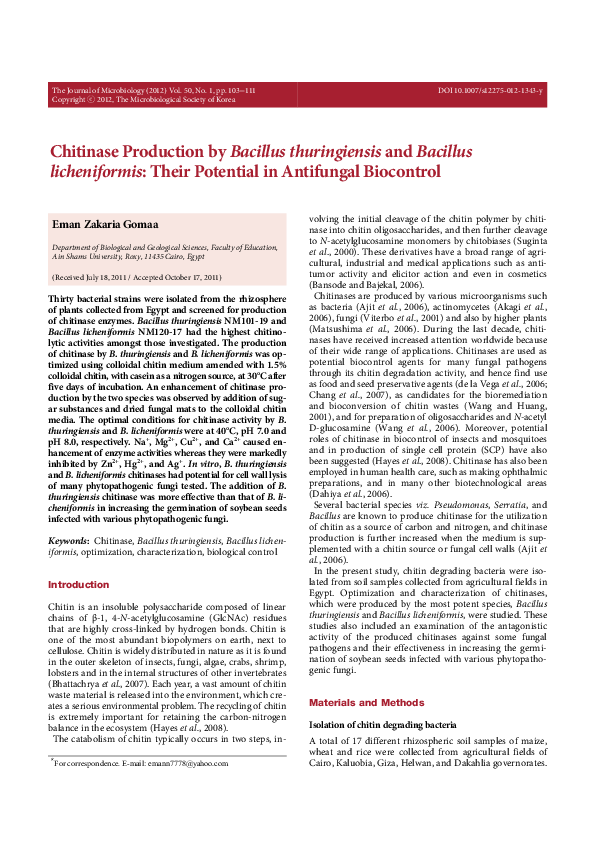 (PDF) Chitinase Production by Bacillus thuringiensis and Bacillus licheniformis: Their Potential ...