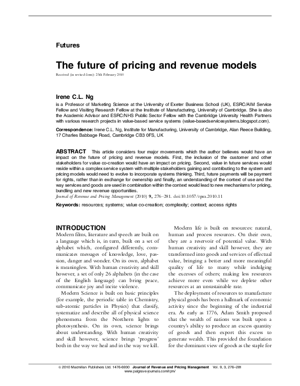 (PDF) The future of pricing and revenue models