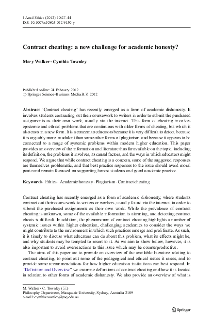 (PDF) Contract cheating: a new challenge for academic honesty?
