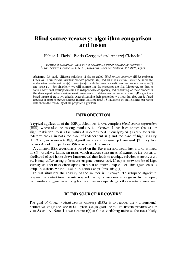 Pdf Blind Source Recovery Algorithm Comparison And Fusion