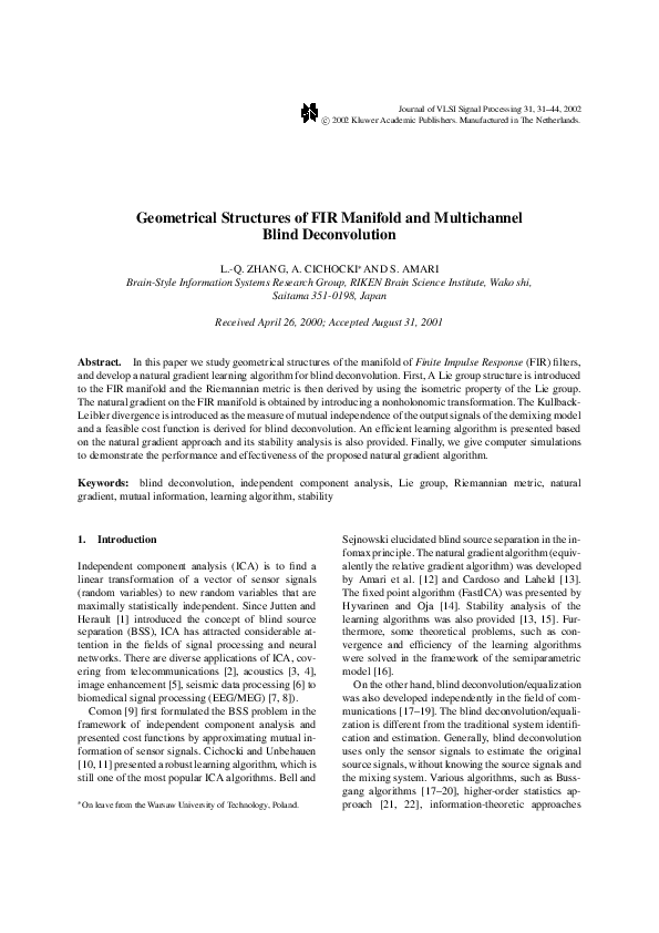 (PDF) Geometrical structures of FIR manifold and multichannel blind deconvolution
