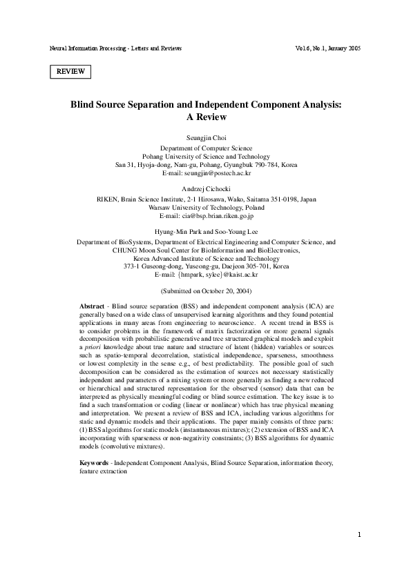 (PDF) Blind source separation and independent component analysis: A review