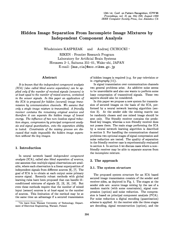 (PDF) Hidden image separation from incomplete image mixtures by independent component analysis