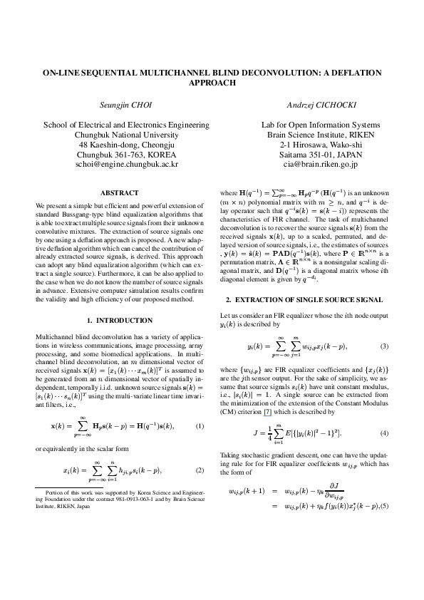 (PDF) On-line sequential multichannel blind deconvolution: A deflation approach