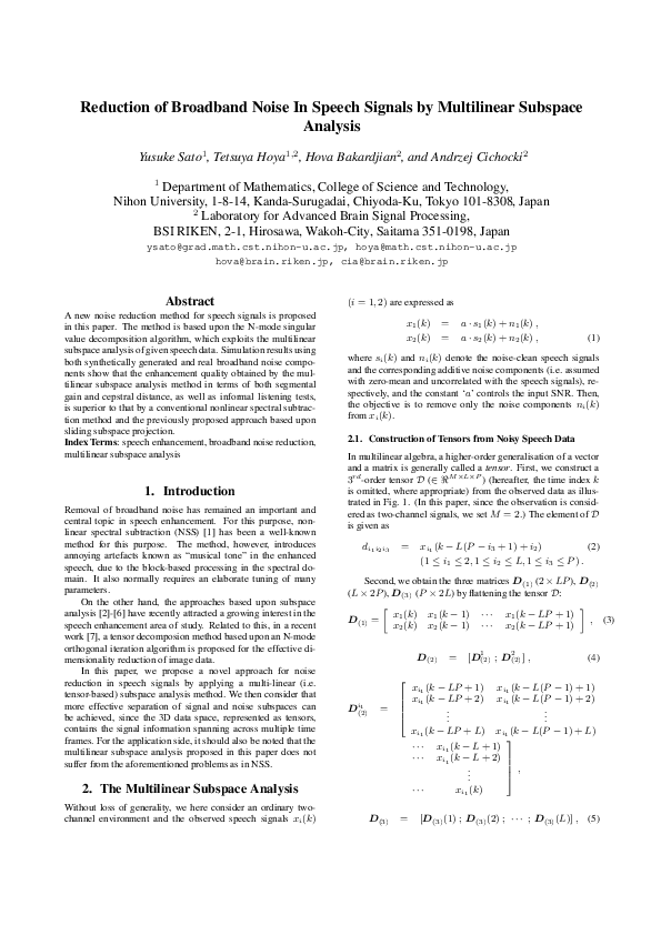 (PDF) Reduction of Broadband Noise In Speech Signals by Multilinear Subspace Analysis