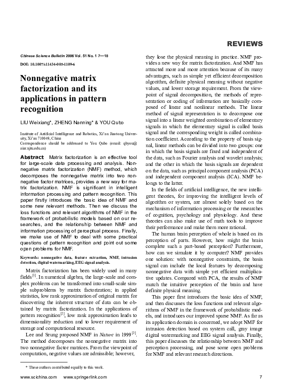 (PDF) Nonnegative matrix factorization and its applications in pattern recognition