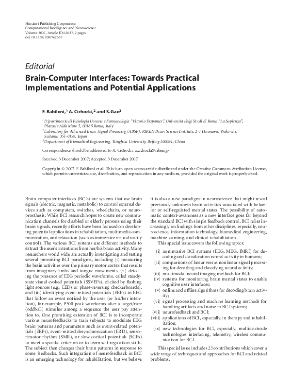 (PDF) Brain-Computer Interfaces: Towards Practical Implementations and Potential Applications