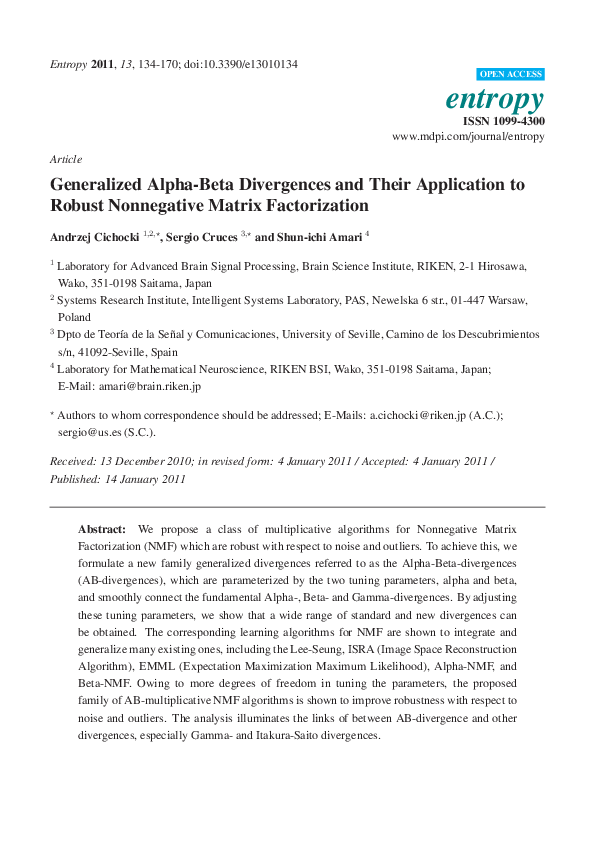 (PDF) Generalized Alpha-Beta Divergences and Their Application to Robust Nonnegative Matrix ...