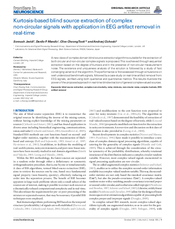Pdf Kurtosis Based Blind Source Extraction Of Complex Non Circular Signals With Application In
