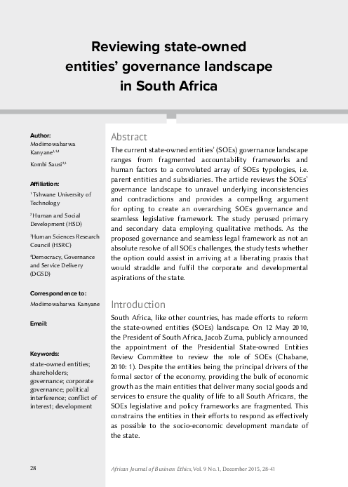 (PDF) Reviewing state-owned entities’ governance landscape in South Africa