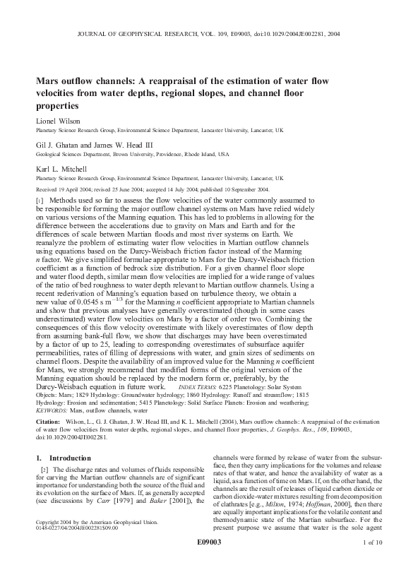 (PDF) Mars outflow channels: A reappraisal of the estimation of water ...
