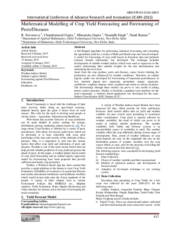 Pdf Mathematical Modelling Of Crop Yield Forecasting And Forewarning