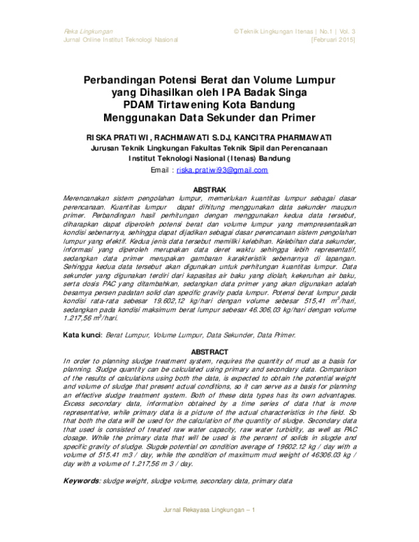 (PDF) Perbandingan Potensi Berat dan Volume Lumpur yang Dihasilkan oleh IPA Badak Singa PDAM ...