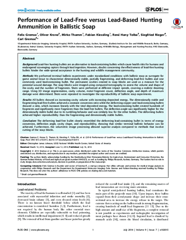 (PDF) Performance of Lead-Free versus Lead-Based Hunting Ammunition in ...