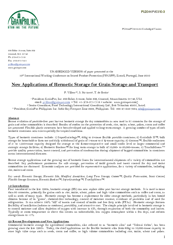 (PDF) New Applications of Hermetic Storage for Grain Storage and Transport