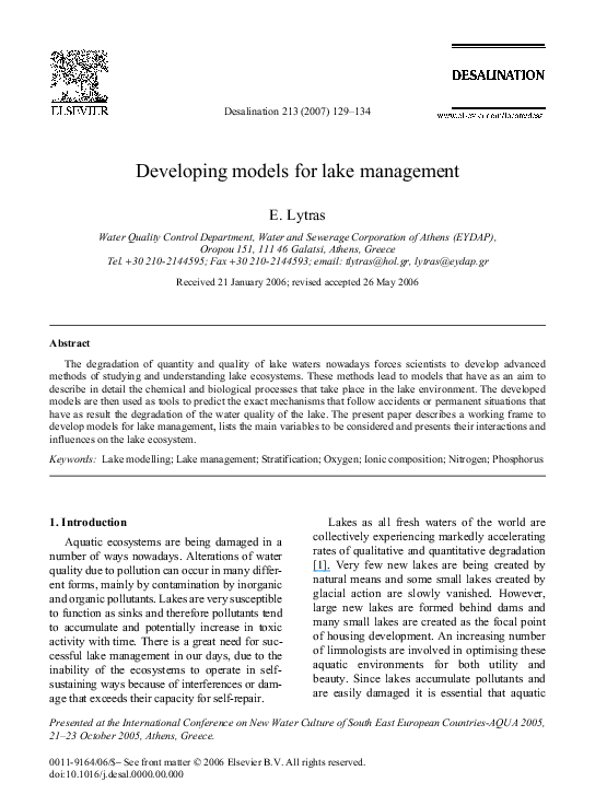 (PDF) Developing models for lake management