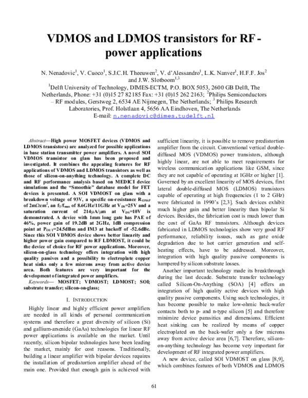 (PDF) VDMOS and LDMOS transistors for RF-power applications