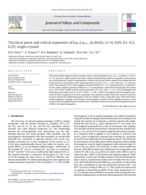 (PDF) Tricritical point and critical exponents of La0.7Ca0.3−xSrxMnO3 ...