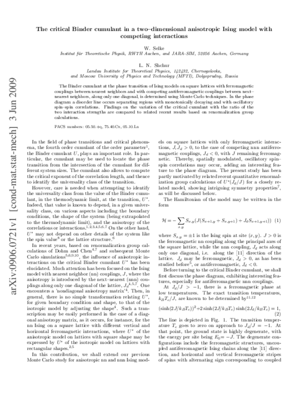 Pdf Critical Binder Cumulant In Two Dimensional Anisotropic Ising Models