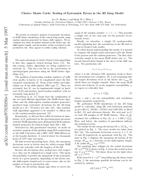 Pdf Cluster Monte Carlo Scaling Of Systematic Errors In The 2d Ising Model Lev Shchur